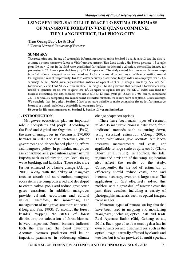 Pdf Using Sentinel Satellite Image To Estimate Biomass Of Mangrove Forest In Vinh Quang