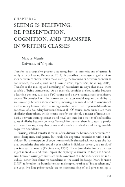 (PDF) SEEING IS BELIEVING: RE-PRESENTATION, COGNITION, AND TRANSFER IN WRITING CLASSES
