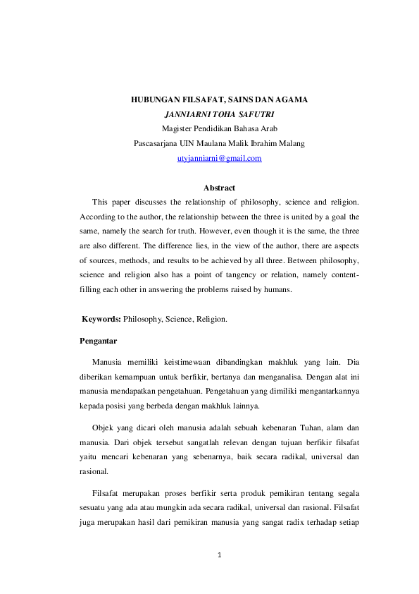 (PDF) HUBUNGAN FILSAFAT, SAINS DAN AGAMA