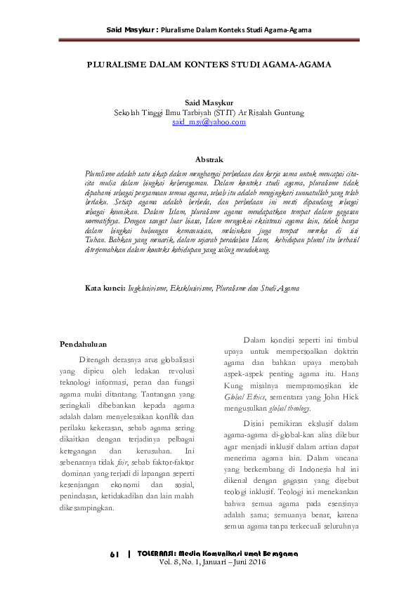 (PDF) Said Masykur : Pluralisme Dalam Konteks Studi Agama-Agama PLURALISME DALAM KONTEKS STUDI ...