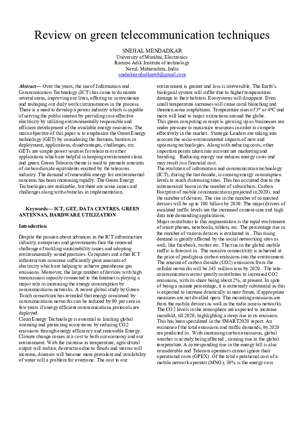 (PDF) Review on green telecommunication techniques
