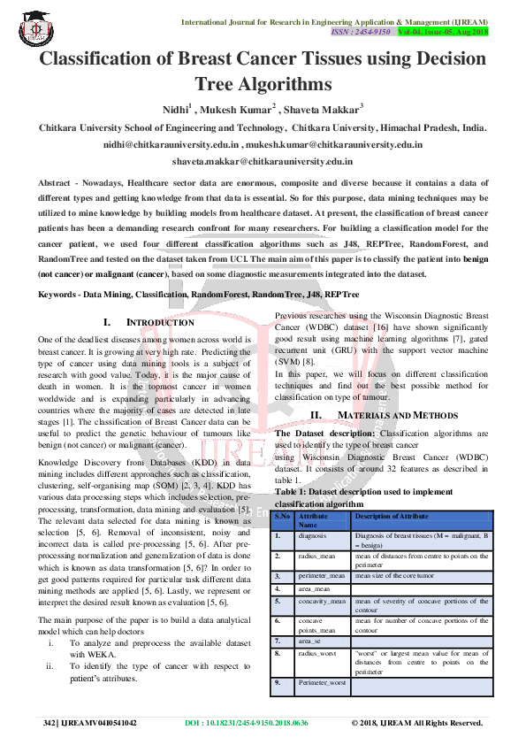 (PDF) Classification of Breast Cancer Tissues using Decision Tree ...