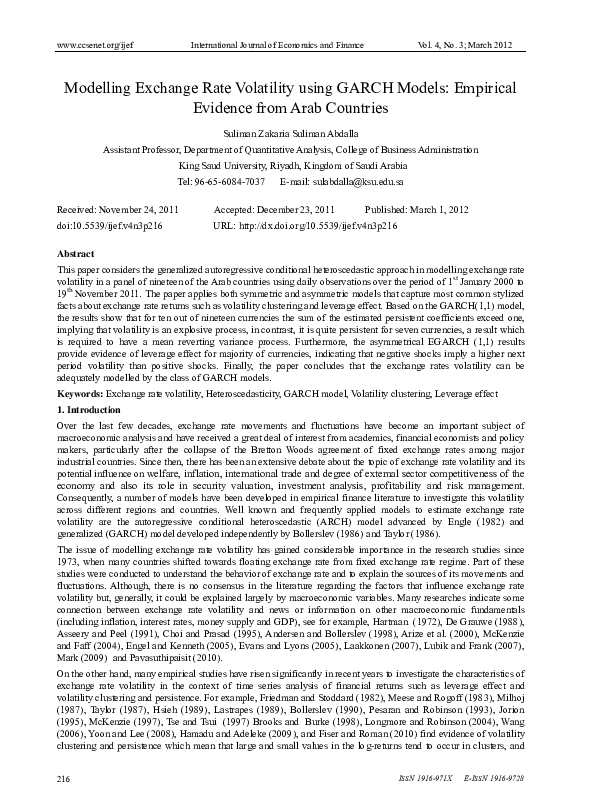 (PDF) Modelling Exchange Rate Volatility using GARCH Models: Empirical Evidence from Arab Countries