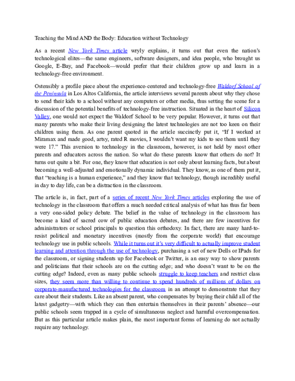 (DOC) Teaching the Mind AND the Body: Education without Technology