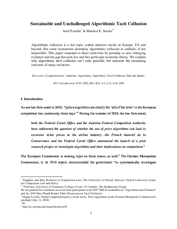 (PDF) Sustainable and Unchallenged Algorithmic Tacit Collusion