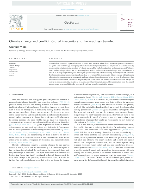 (PDF) Climate change and conflict: Global insecurity and the road less ...