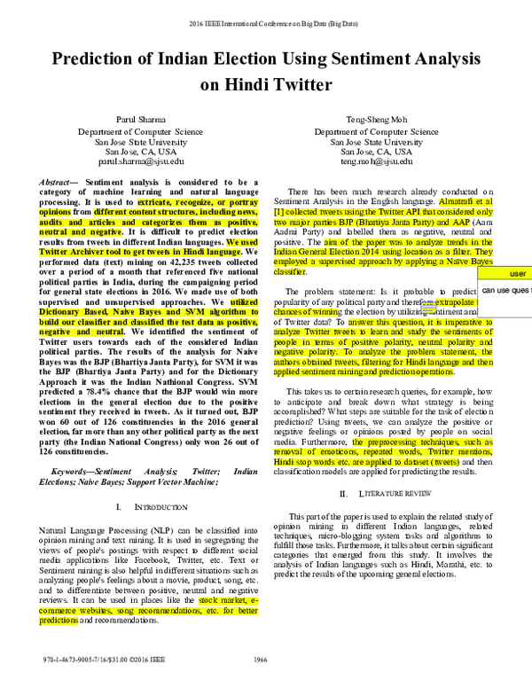 (PDF) Prediction of Indian Election Using Sentiment Analysis on Hindi ... (PDF) Prediction of Indian Election Using Sentiment Analysis on Hindi ...
