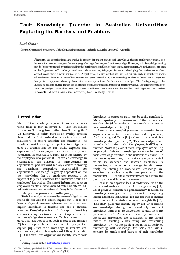 (PDF) Tacit Knowledge Transfer in Australian Universities: Exploring ...