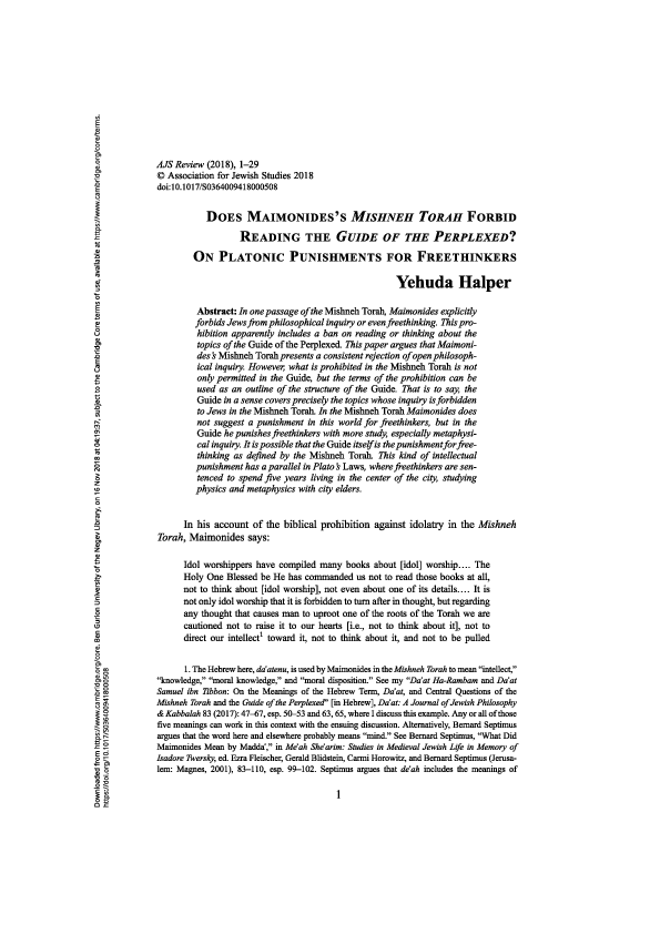 (PDF) Does Maimonides's Mishneh Torah Forbid Reading the Guide of the ...