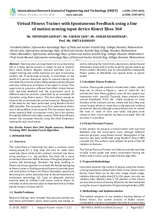(PDF) IRJET- Virtual Fitness Trainer with Spontaneous Feedback using a ...
