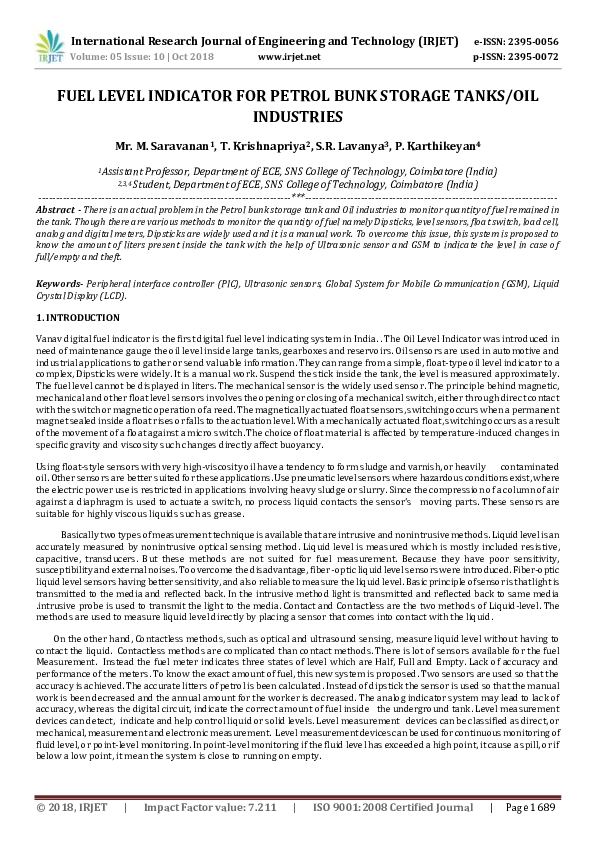 (PDF) IRJET- FUEL LEVEL INDICATOR FOR PETROL BUNK STORAGE TANKS/OIL ...