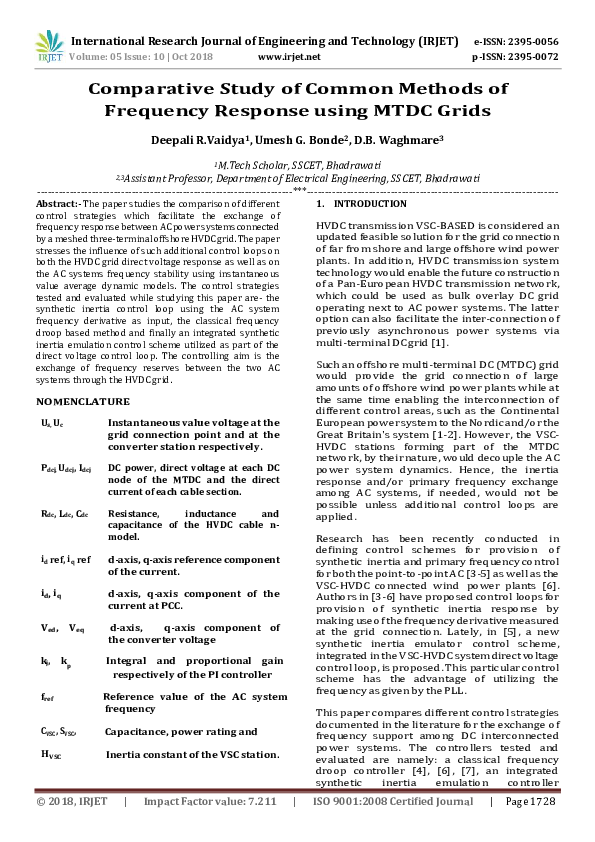 (PDF) IRJET- Comparative Study of Common Methods of Frequency Response using MTDC Grids