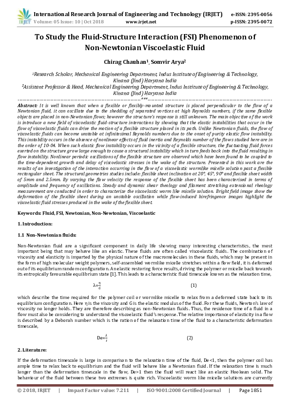 (PDF) To Study the Fluid-Structure Interaction (FSI) Phenomenon of Non-Newtonian Viscoelastic Fluid
