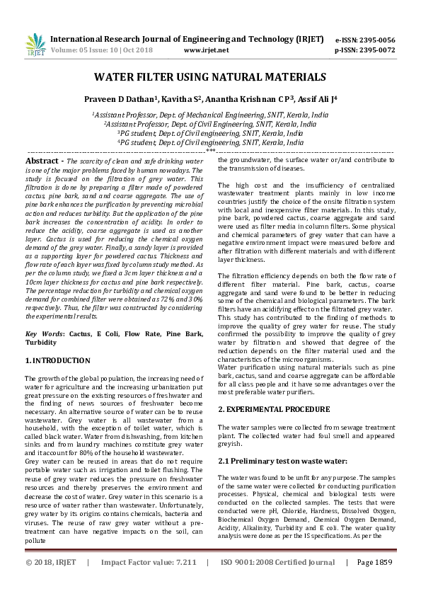 (PDF) WATER FILTER USING NATURAL MATERIALS