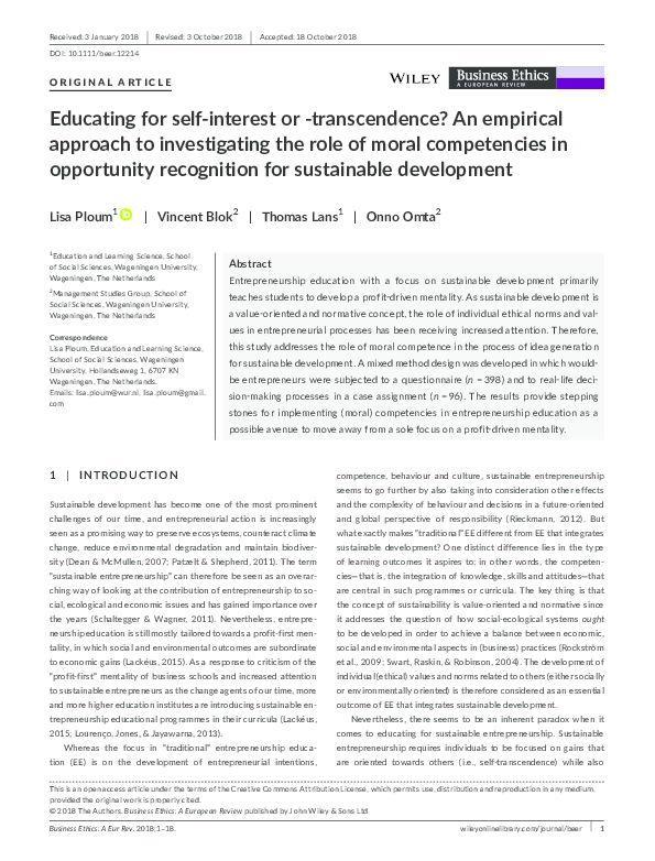 (PDF) Educating for self‐interest or ‐transcendence? An empirical ...