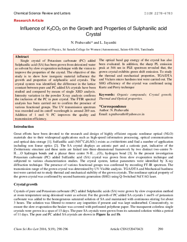 (PDF) Influence of K2CO3 on the Growth and Properties of Sulphanilic ...