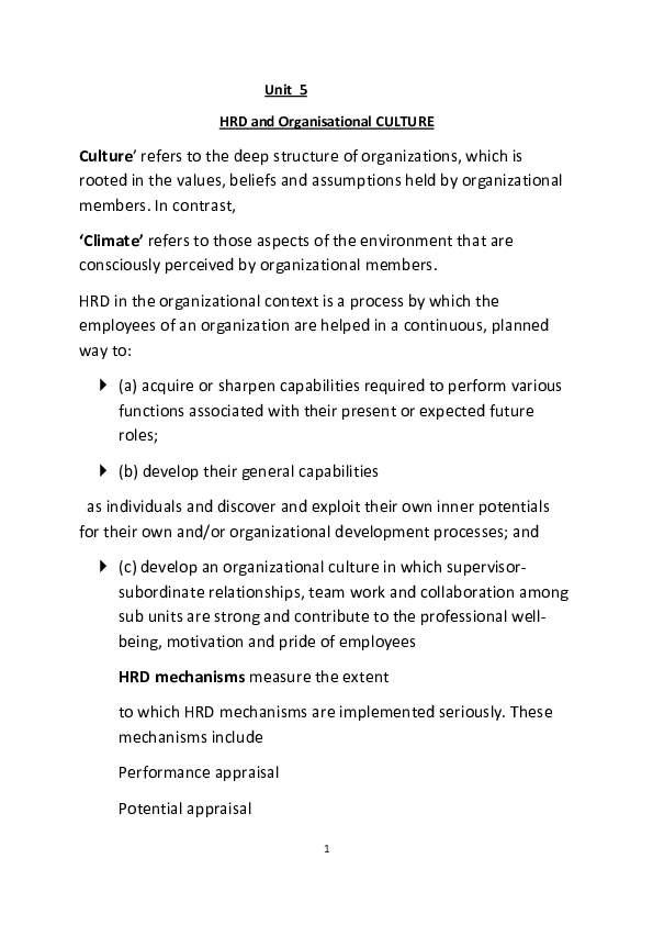 (DOC) Unit 5 HRD and Organisational CULTURE