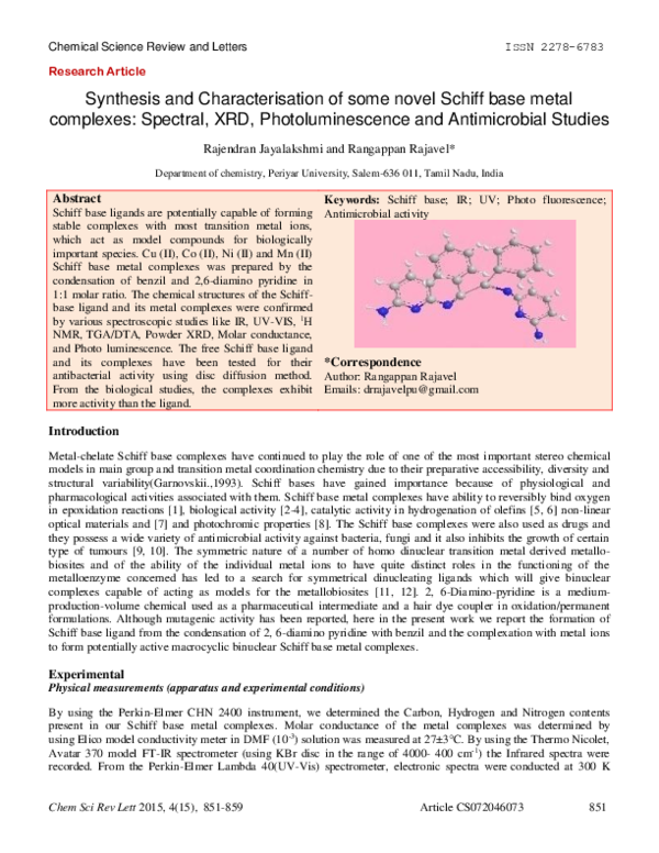(PDF) Synthesis and Characterisation of some novel Schiff base metal complexes: Spectral, XRD ...