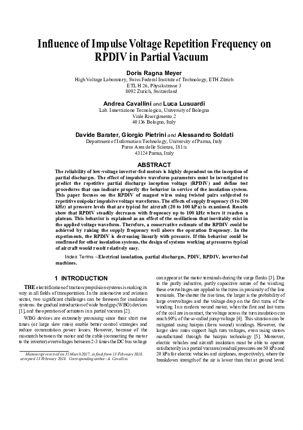 (PDF) Influence of Impulse Voltage Repetition Frequency on RPDIV in Partial Vacuum