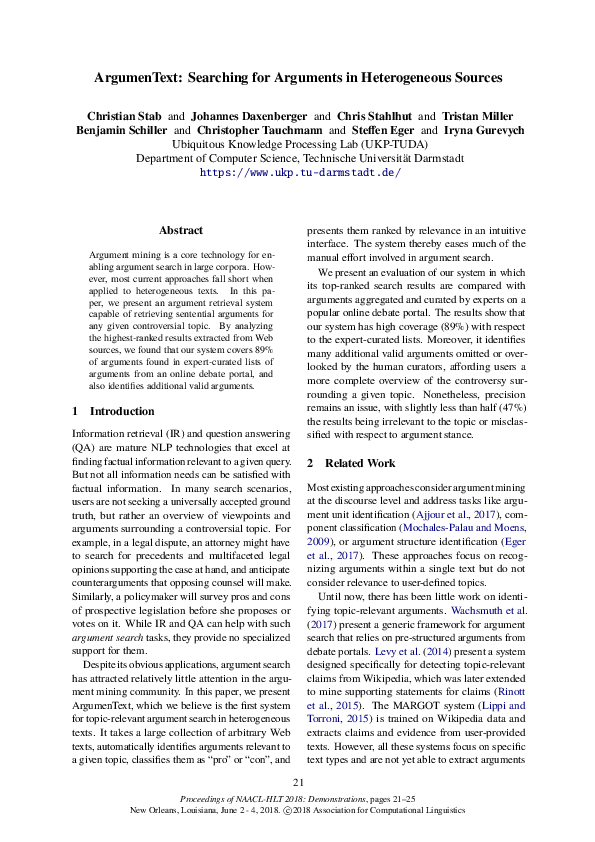 Pdf Argumentext Searching For Arguments In Heterogeneous Sources