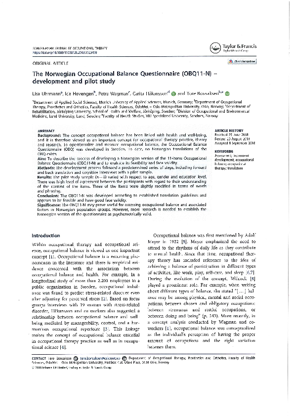 (PDF) The Norwegian Occupational Balance Questionnaire (OBQ11-N ...