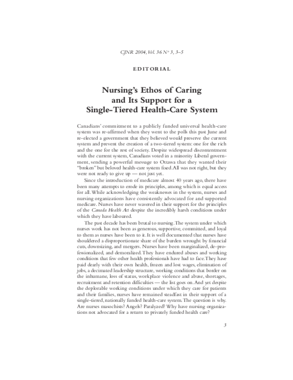 (PDF) Nursing's ethos of caring and its support for a single-tiered ...