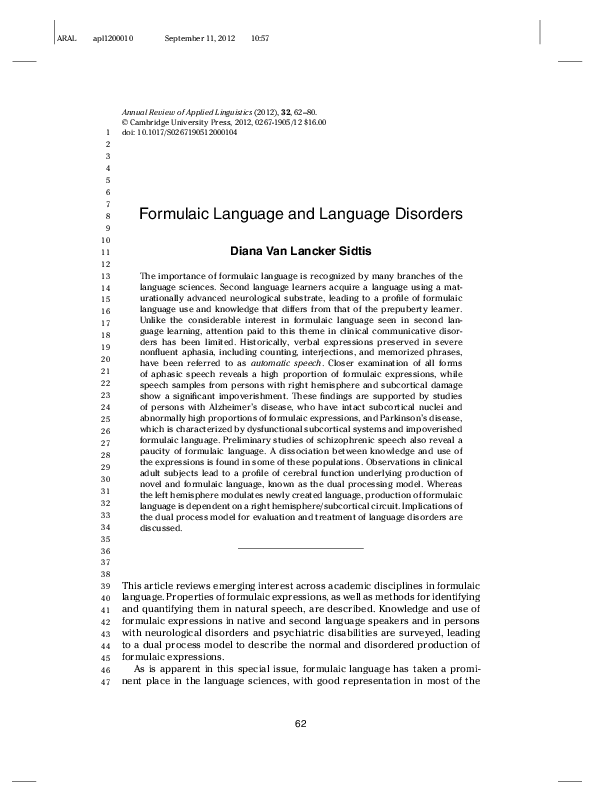(PDF) Formulaic Language and Language Disorders
