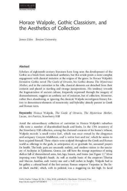 (PDF) Horace Walpole, Gothic Classicism, and the Aesthetics of Collection