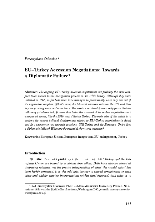 (PDF) EU–Turkey Accession Negotiations: Towards a Diplomatic Failure