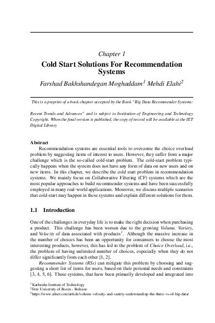 (PDF) Cold Start Solutions For Recommendation Systems