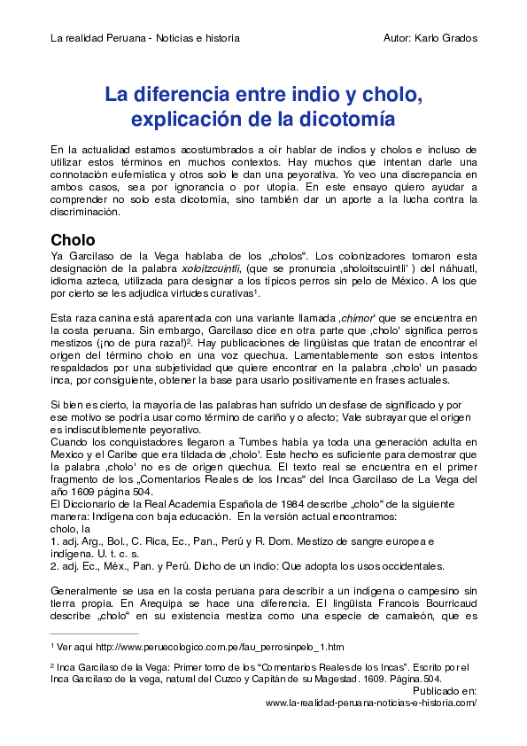 (PDF) La diferencia entre Indio y Cholo, explicación de la dicotomía ...