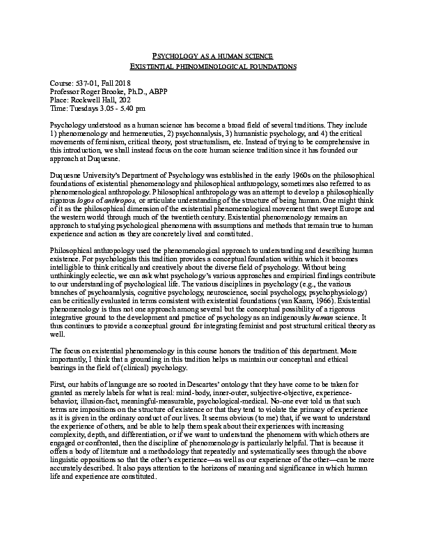 (PDF) Existential foundations for psychology as a human science, fall 2018