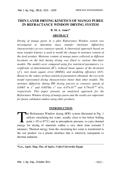 (PDF) THIN LAYER DRYING KINETICS OF MANGO PUREE IN REFRACTANCE WINDOW DRYING SYSTEM