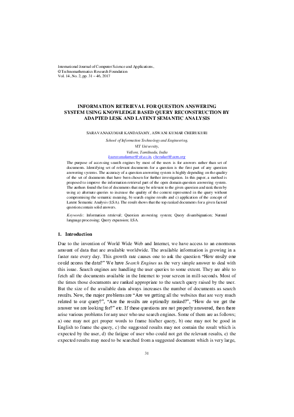 Pdf Information Retrieval For Question Answering System Using Knowledge Based Query