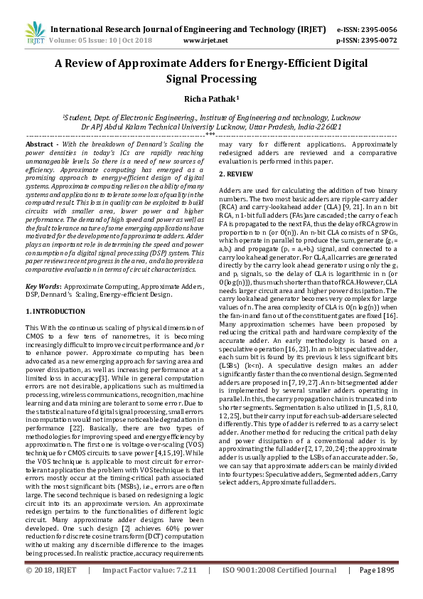 (PDF) IRJET- A Review of Approximate Adders for Energy-Efficient Digital Signal Processing