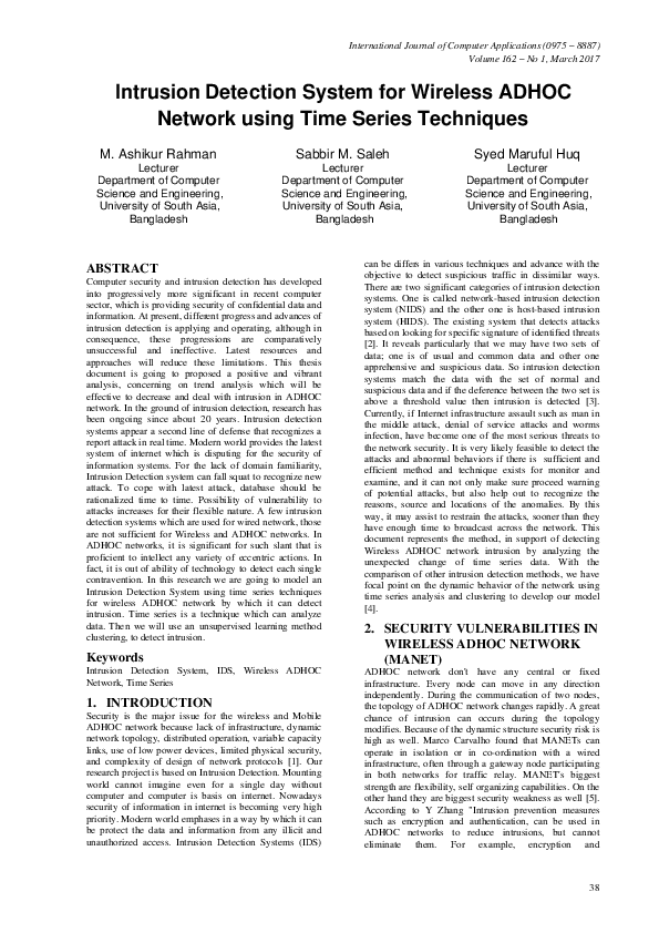 (PDF) Intrusion Detection System for Wireless ADHOC Network using Time Series Techniques