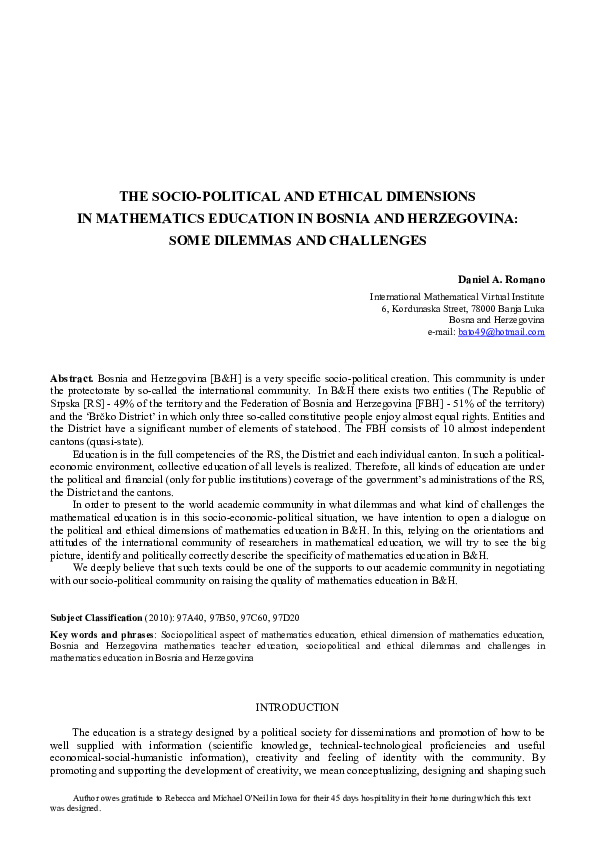 (PDF) THE SOCIO-POLITICAL AND ETHICAL DIMENSIONS IN MATHEMATICS ...