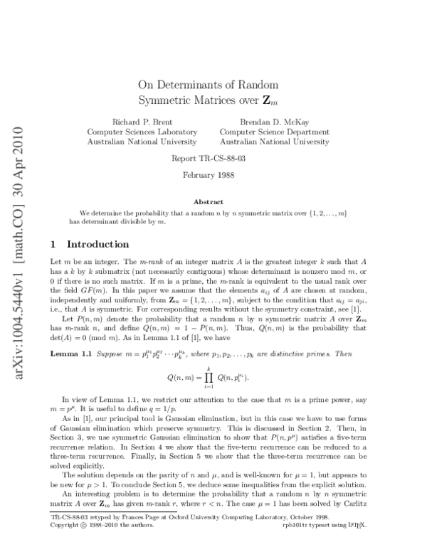 Pdf On Determinants Of Random Symmetric Matrices Over Zm Brendan