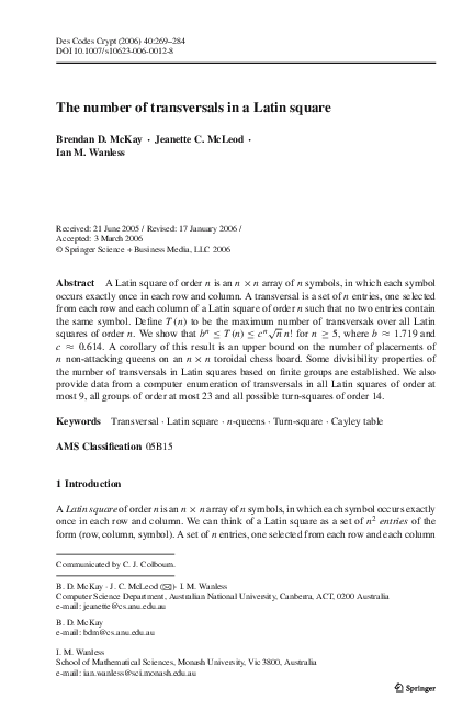 (PDF) The number of transversals in a Latin square