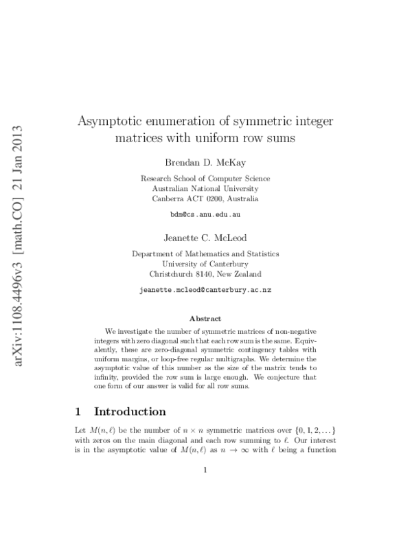 Pdf Asymptotic Enumeration Of Symmetric Integer Matrices With Uniform Row Sums