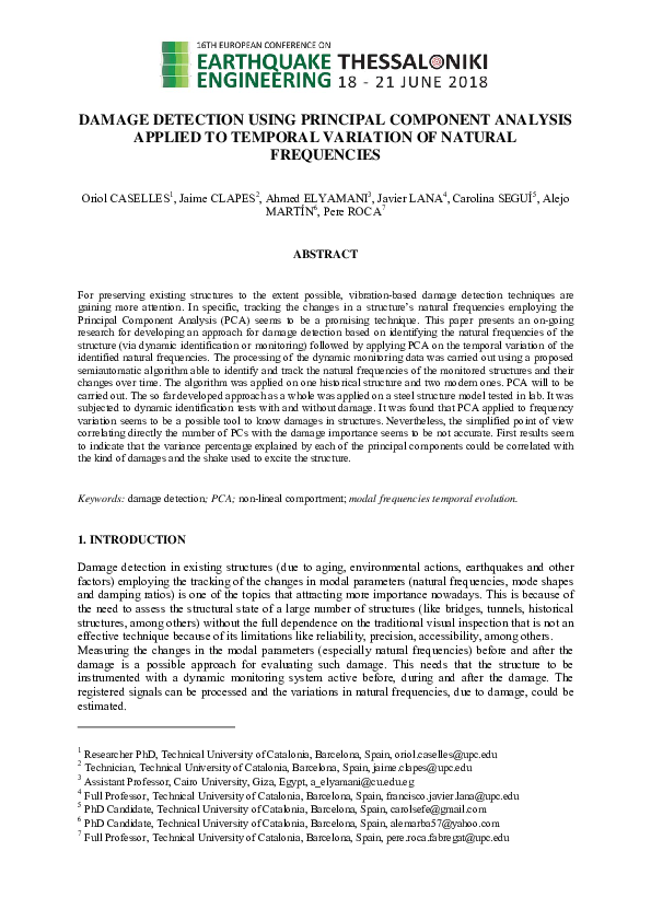 (PDF) DAMAGE DETECTION USING PRINCIPAL COMPONENT ANALYSIS APPLIED TO TEMPORAL VARIATION OF ...