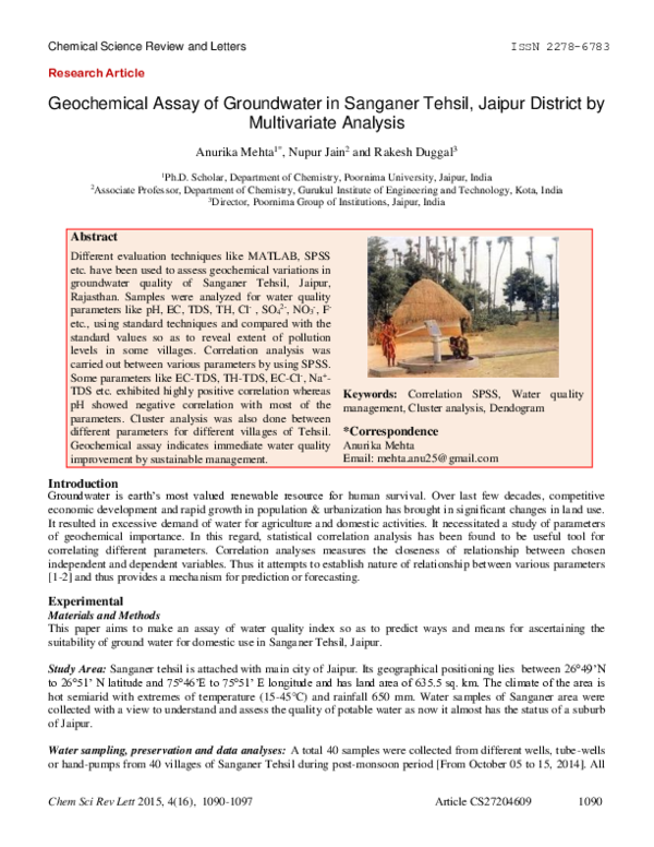 (PDF) Geochemical Assay of Groundwater in Sanganer Tehsil, Jaipur ...