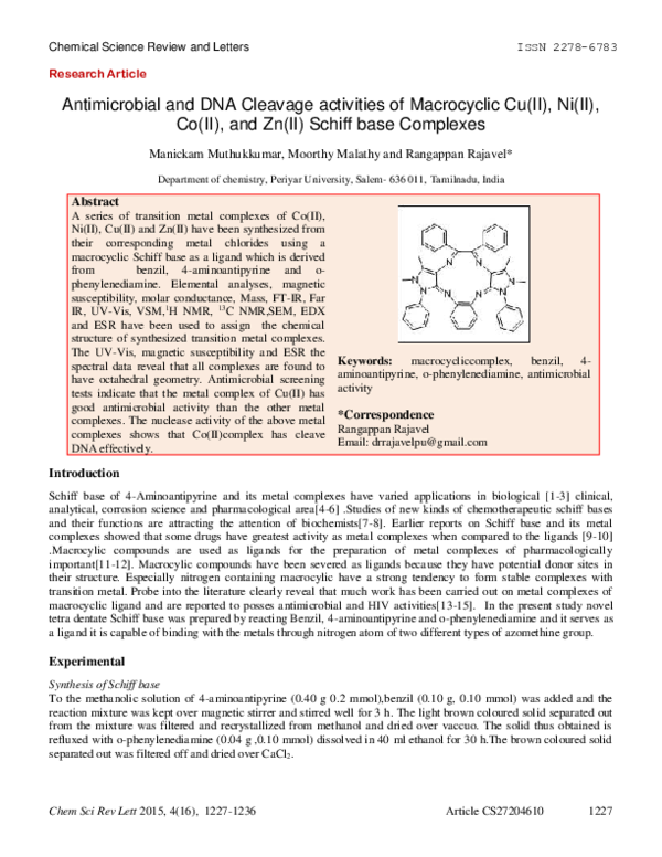 (PDF) Antimicrobial and DNA Cleavage activities of Macrocyclic Cu(II), Ni(II), Co(II), and Zn(II ...