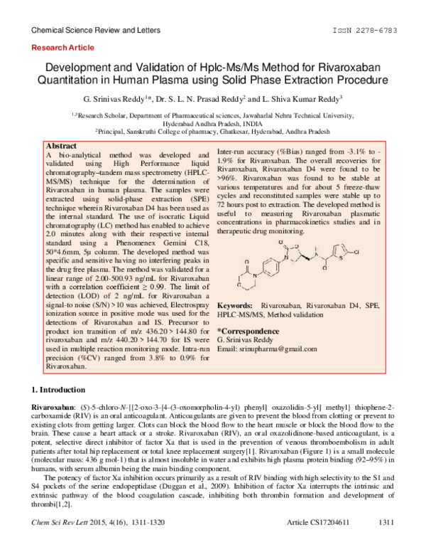Pdf Development And Validation Of Hplc Msms Method For Rivaroxaban Quantitation In Human