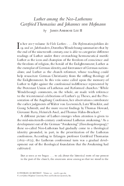 (PDF) Luther among the Neo-Lutherans: Gottfried Thomasius and Johannes ...
