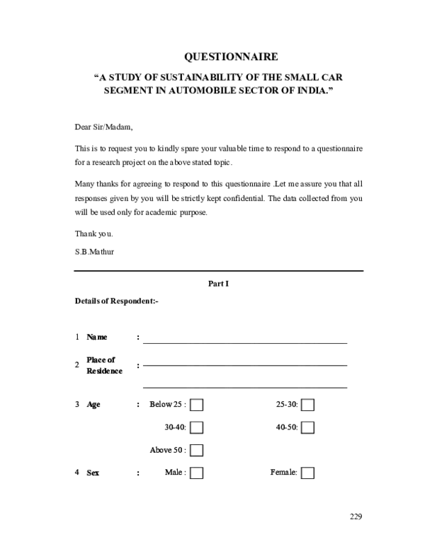 (PDF) QUESTIONNAIRE " A STUDY OF SUSTAINABILITY OF THE SMALL CAR ...