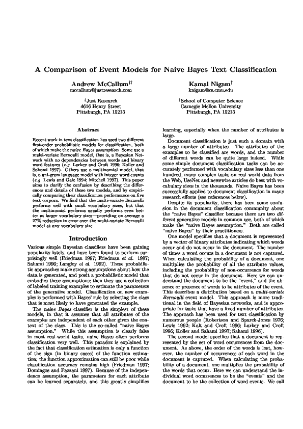 (PDF) A Comparison of Event Models for Naive Bayes Text Classification