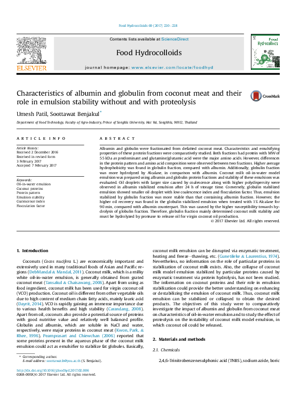 (PDF) Characteristics of albumin and globulin from coconut meat and ...