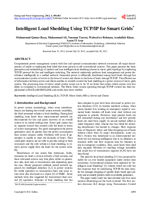 (PDF) Intelligent Load Shedding Using TCP/IP for Smart Grids