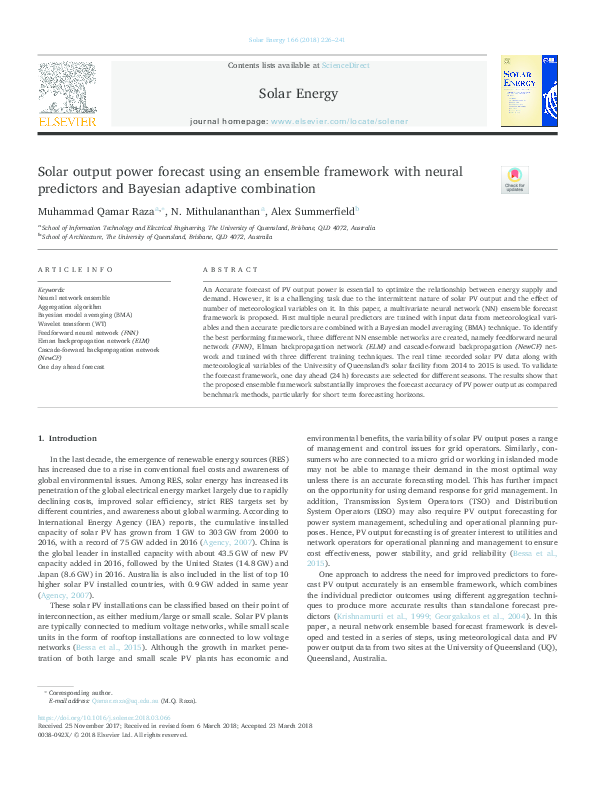 Pdf Solar Output Power Forecast Using An Ensemble Framework With
